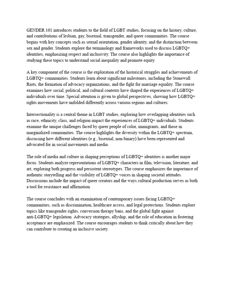 GENDER 101 Syllabus 2009 | PDF | LGBTQIA+ Studies | Lgbt