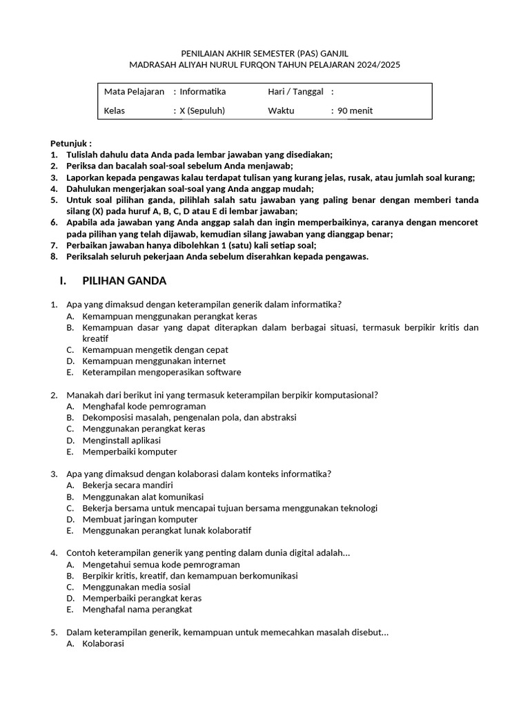Soal Pas Gasal Informatika Manf 2024-2025 | PDF