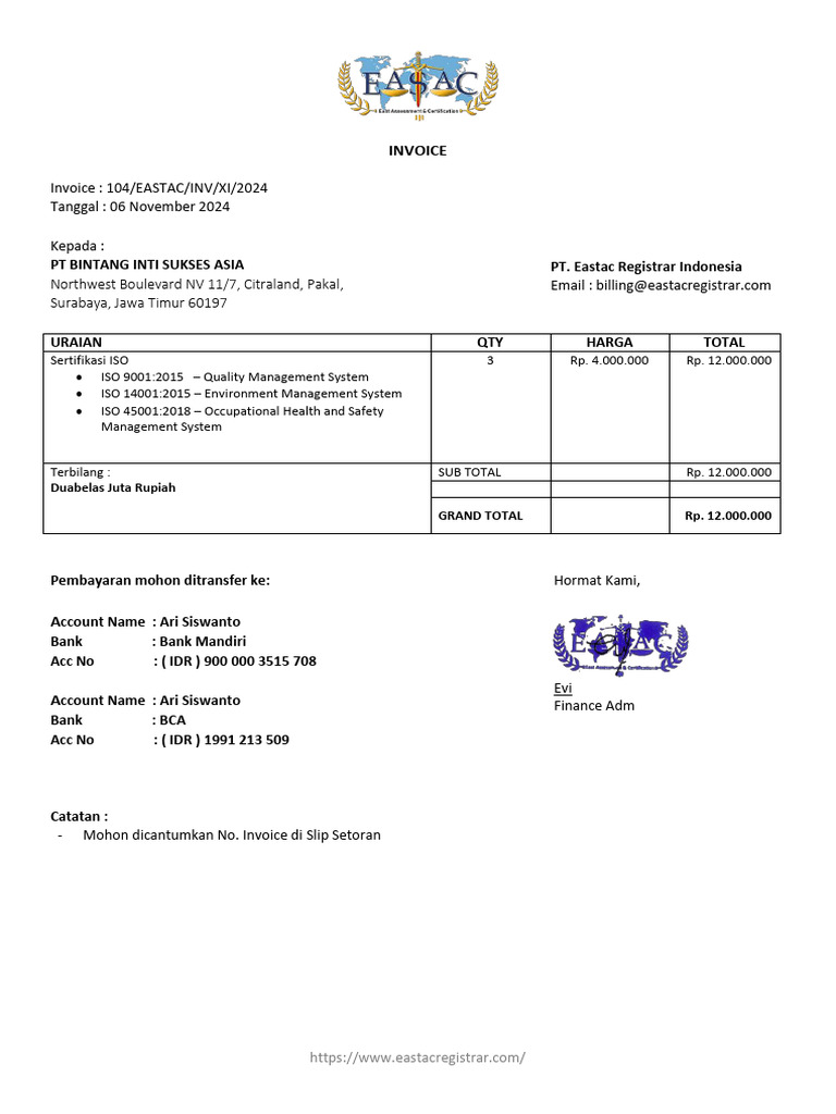 Invoice for PT Bintang Inti Sukses Asia | PDF