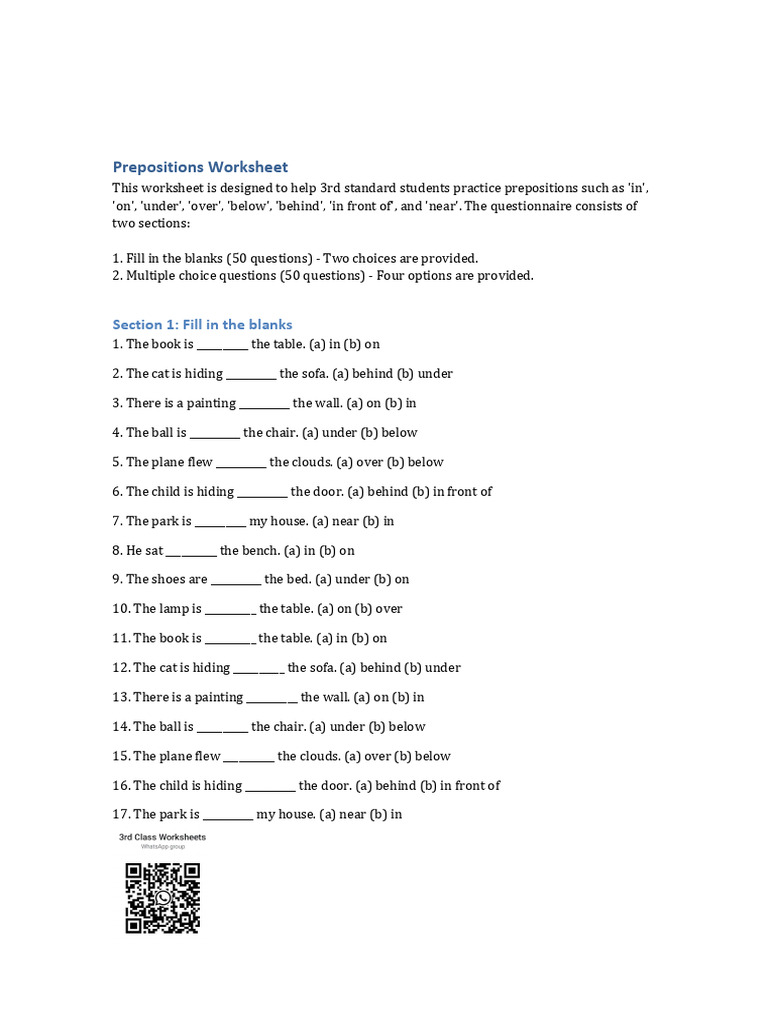 Preposition Worksheet for Class 3 | PDF | Bed | Furniture