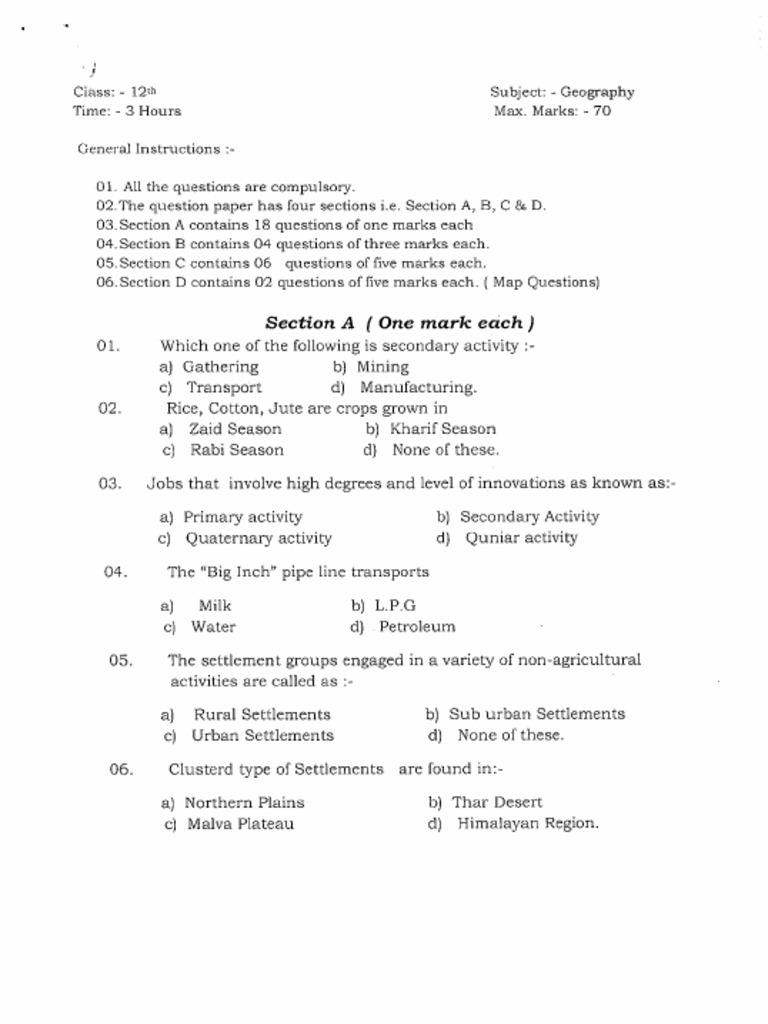 Geography Model Test Paper Class 12 TH | PDF