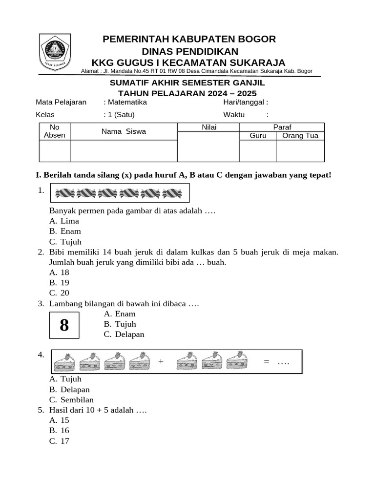 Soal SAS MTK Kelas 1 | PDF