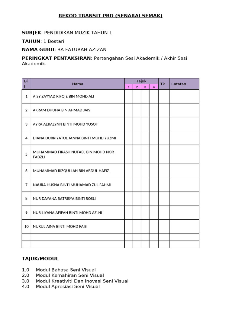 7. REKOD TRANSIT PBD PMZ THN 1 (Senarai Semak) | PDF 7. REKOD TRANSIT PBD PMZ THN 1 (Senarai Semak) | PDF