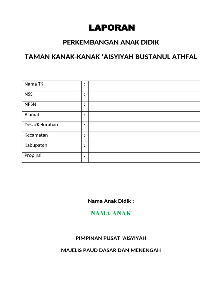 Format Laporan Perkembangan Anak Paud Aisyiyah | PDF