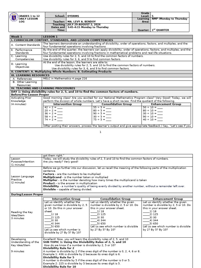 NMP Grade 5 Week 1 Lesson Plan | PDF | Multiplication | Mathematics