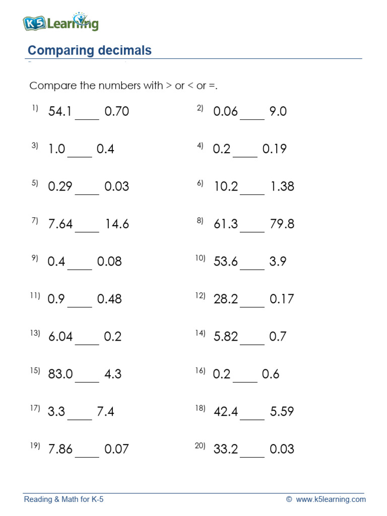 Grade 4 Compare Decimals Ojk | PDF