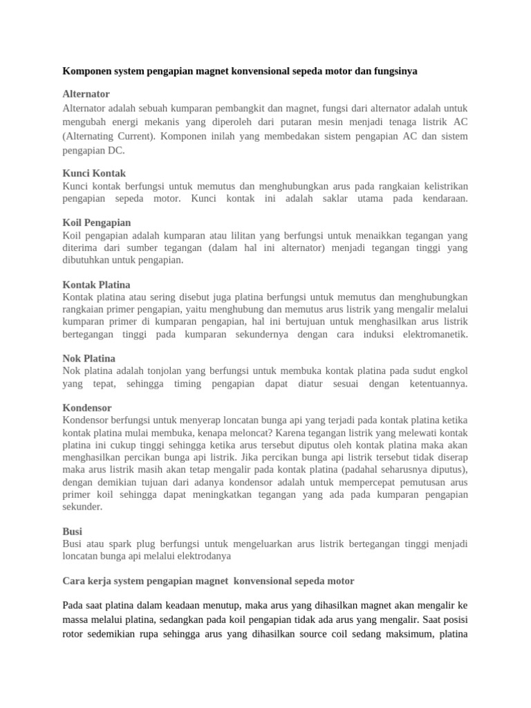 Komponen System Pengapian Magnet Konvensional Sepeda Motor Dan ...