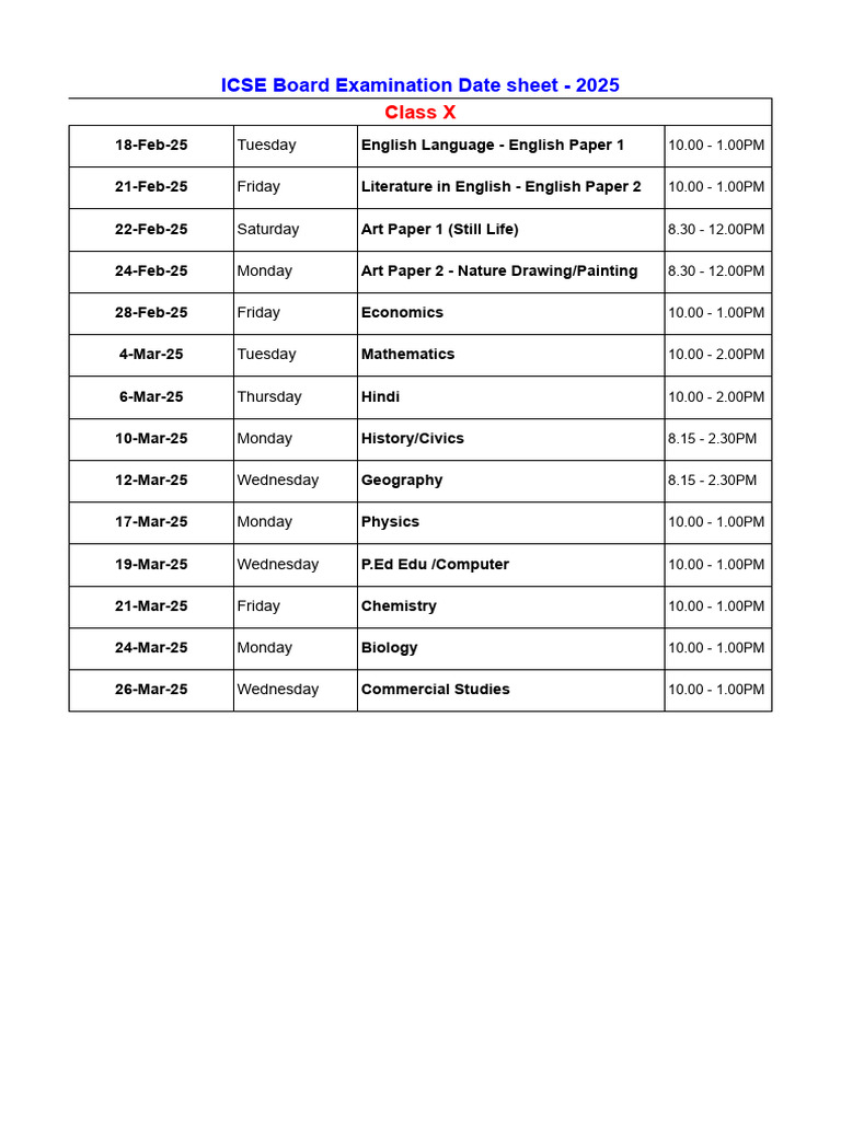 ICSE Board Examination Date Sheet - 2025: Class X | PDF
