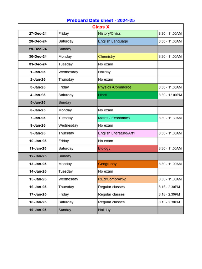 Class X Preboard Date Sheet 24-25 | PDF