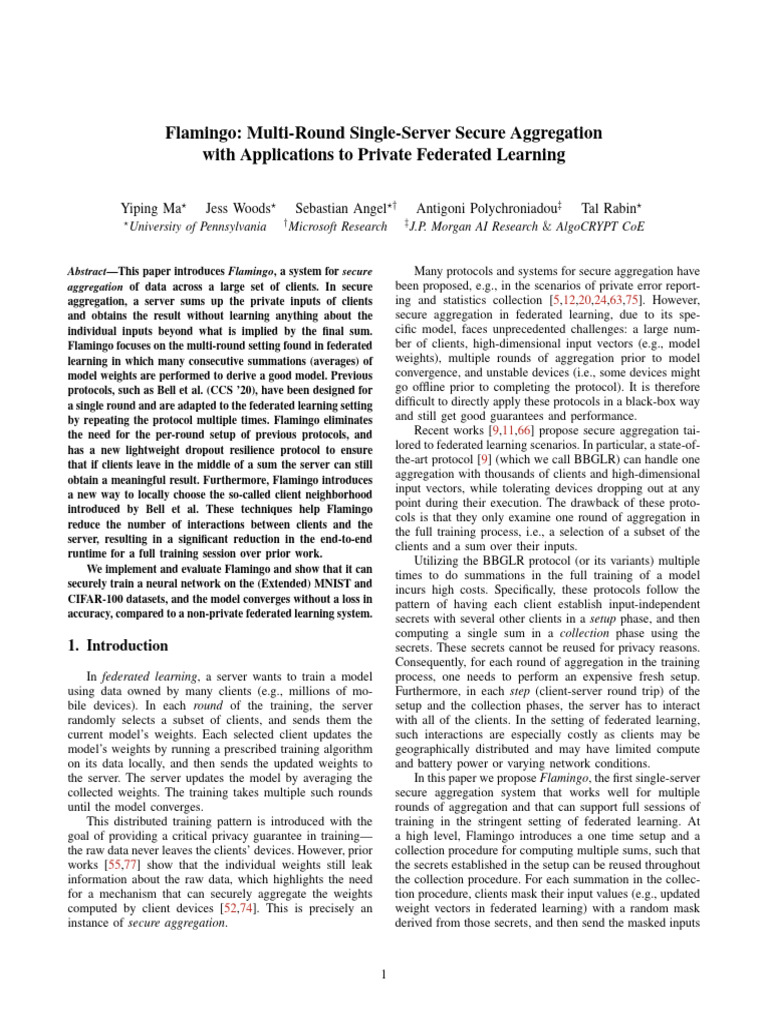 Flamingo: Multi-Round Single-Server Secure Aggregation With Applications To Private Federated ...