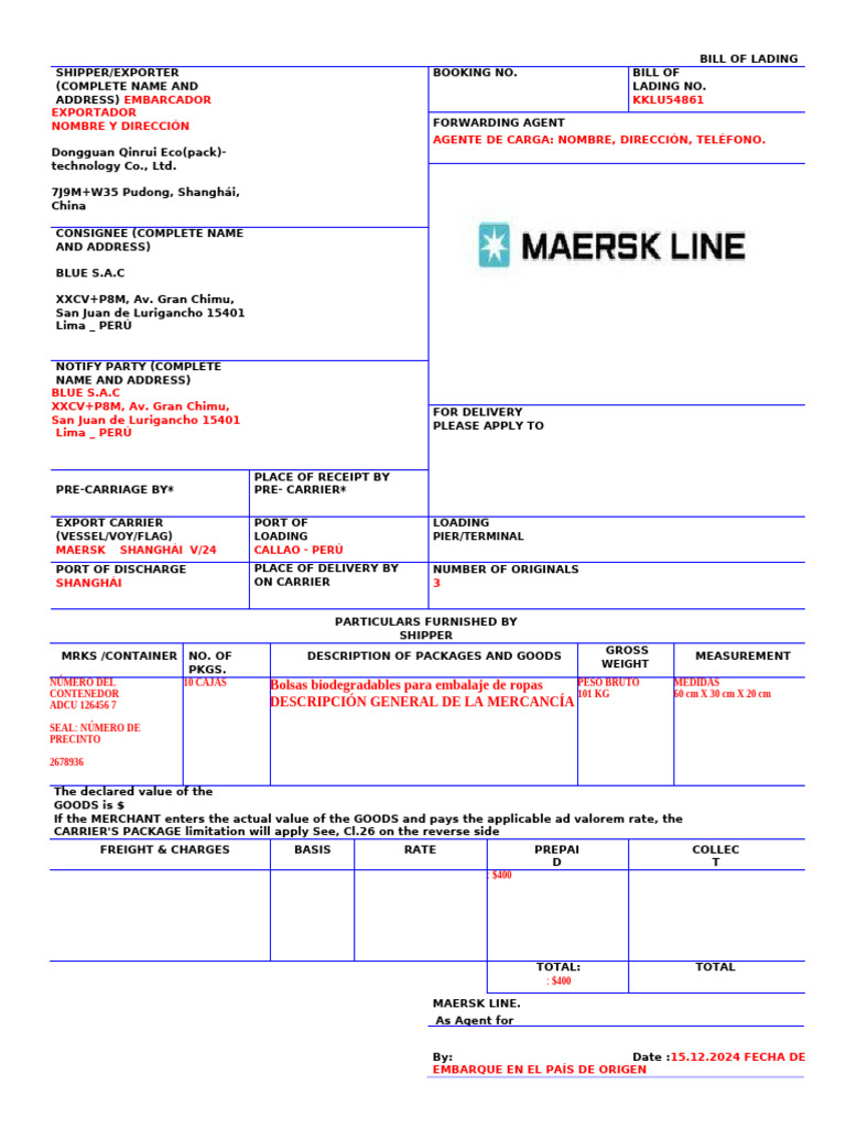 BILL OF LADING LLENO | PDF | Cargo | Bill Of Lading