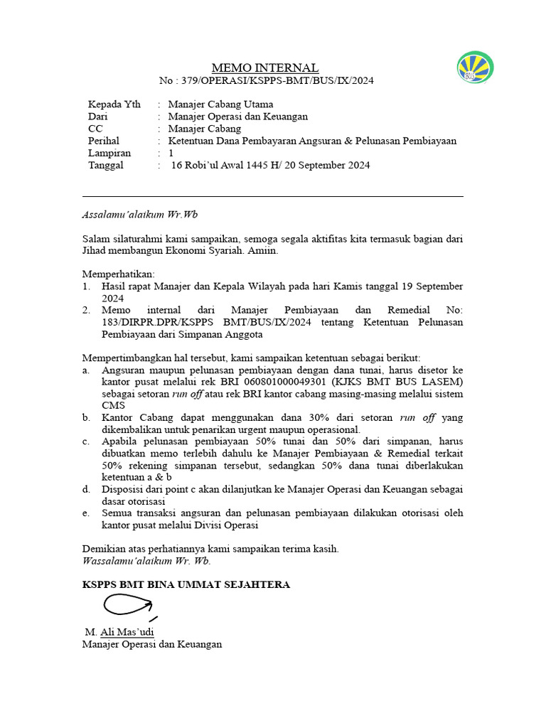 Memo No. 379 Operasi Edaran Ketentuan Transaksi Angsuran Dan Pelunasan ...