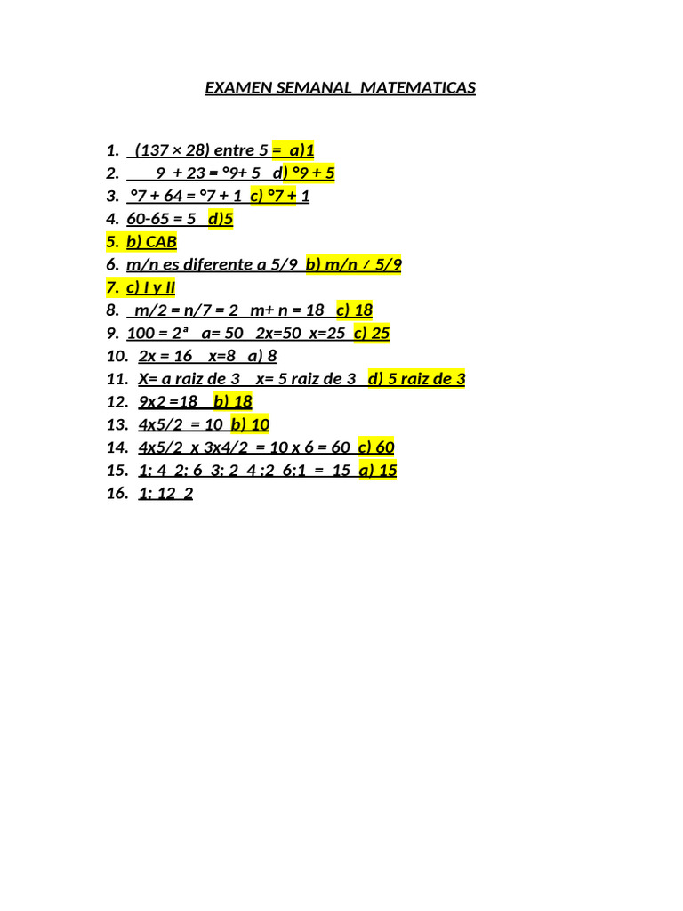 EXAMEN SEMANAL MATEMATICAS y Letras | PDF
