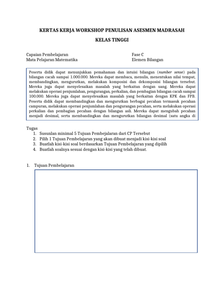 Kelas Tinggi - Kertas Kerja Workshop Penulisan Asesmen Madrasah | PDF