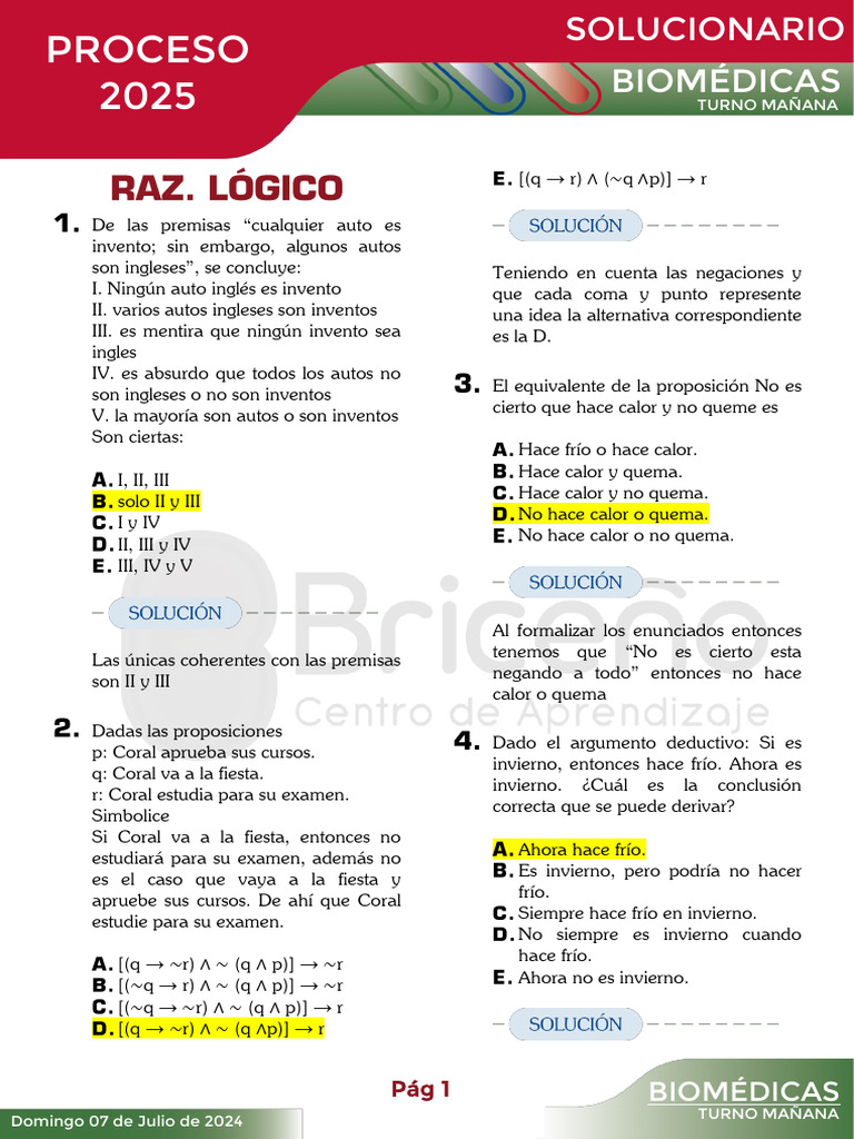 Solucionario Biomédicas 2025: Razonamiento Lógico y Matemático | PDF ...