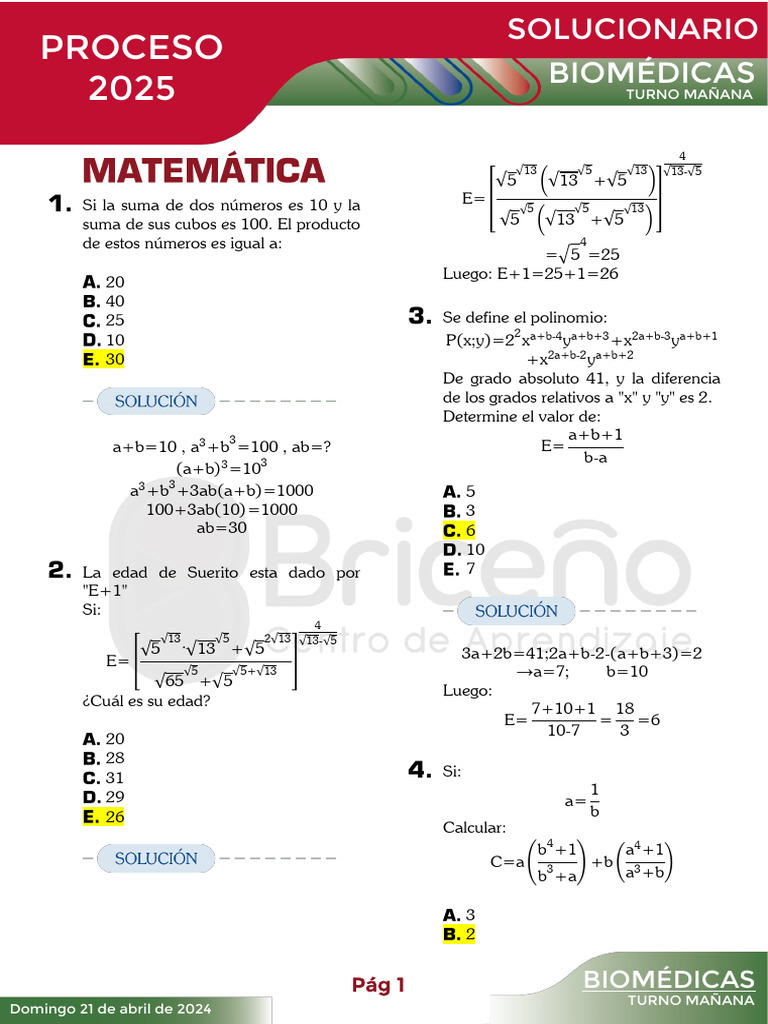 Solucionario Matemáticas Biomédicas 2025 | PDF | Gene | Epitelio