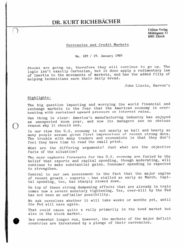189 - The Richebacher Letter - January 1989, Unfounded Worries and Newfound Real Concerns | PDF ...
