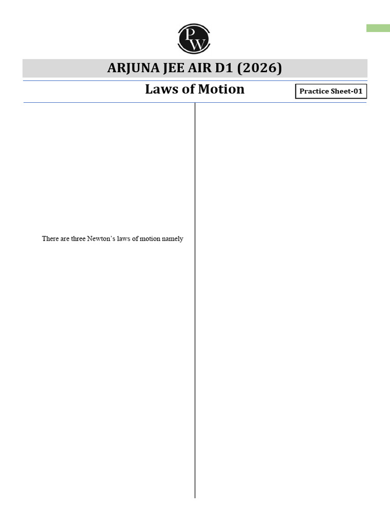 Laws of Motion _ Practice Sheet-01 __ Arjuna JEE AIR D1 2026 | PDF ...