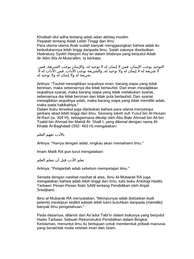 Khutbah Idul Adha Tentang Adab Adan Akhlaq Muslim | PDF