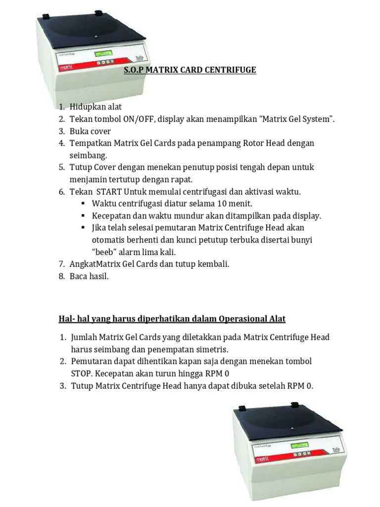 Sop Matrix Card Centrifuge | PDF