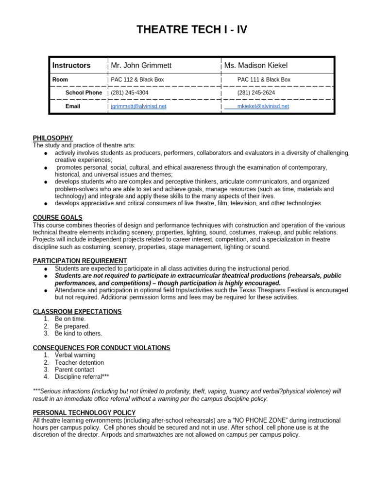 Theatre Tech I-IV Syllabus | PDF | Theatre | Behavior Modification