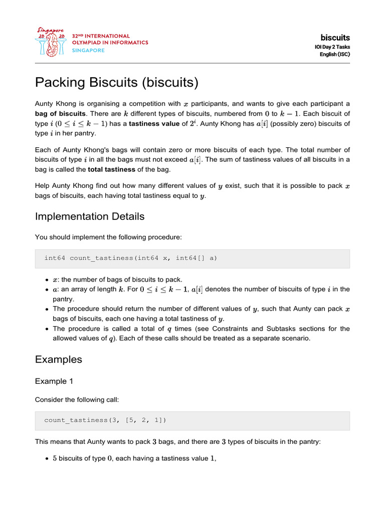 IOI Singapore 2020 Biscuits | PDF | Computer Programming | Applied Mathematics