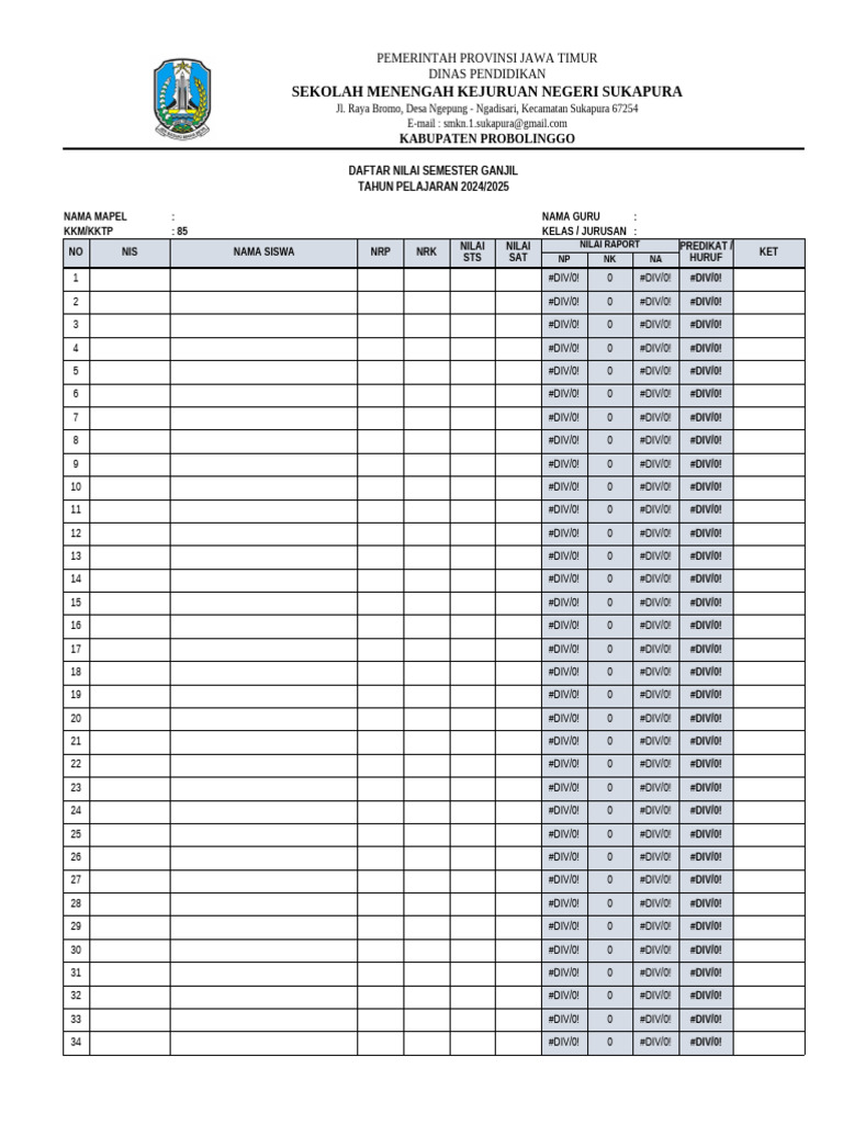 Form Nilai Mapel 2024-2025 | PDF