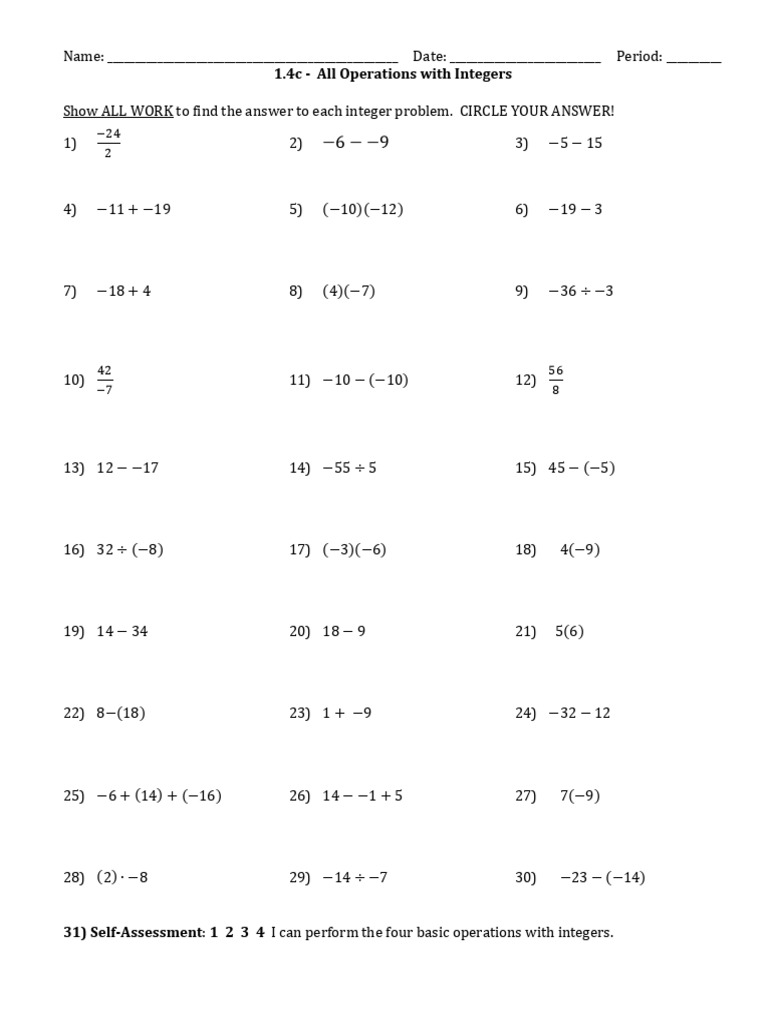 1.4c WKSHT Mixed Integer Operations | PDF