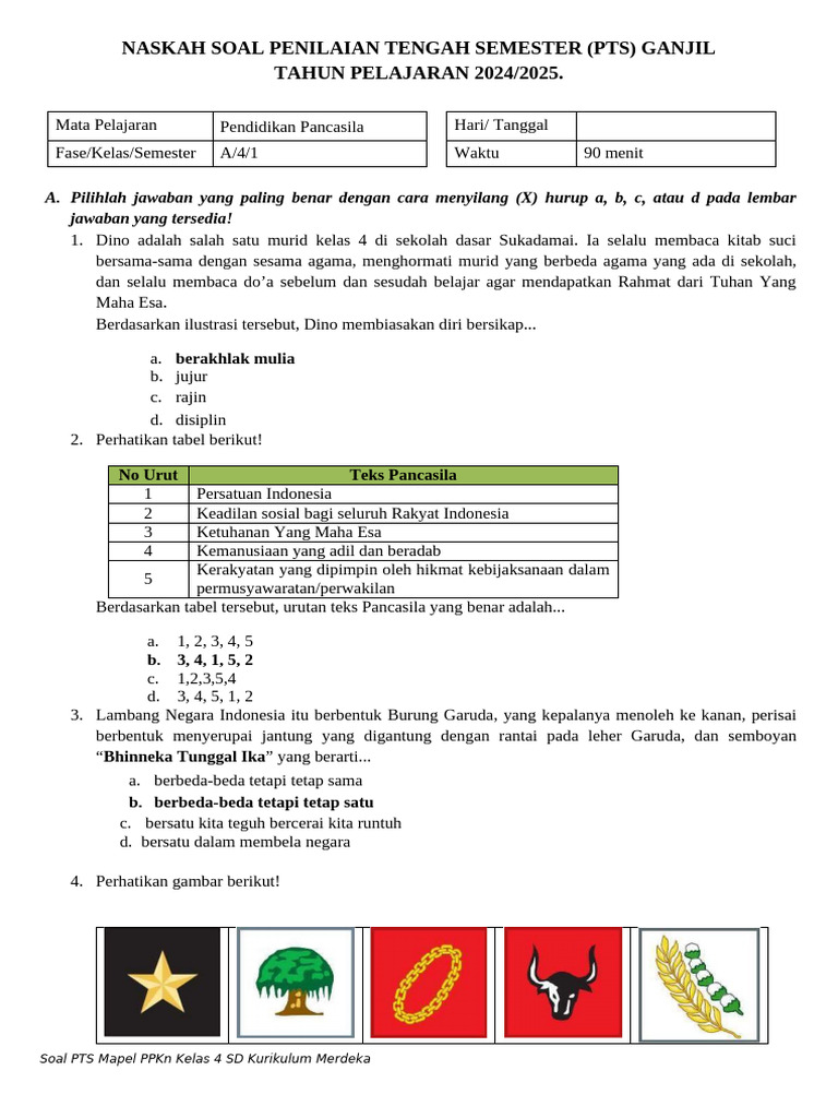 SOAL PTS PPKN KELAS 4 Revisi | PDF