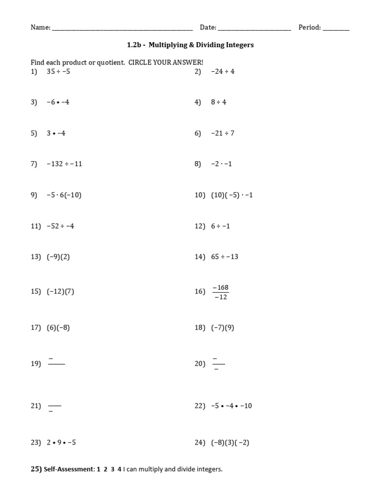 1.2b WKSHT Mult & Divide Integers | PDF