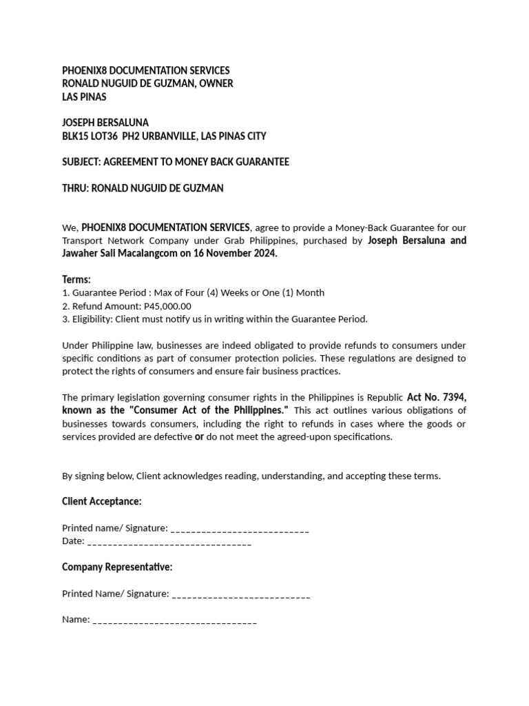 Money-Back Guarantee Agreement | PDF