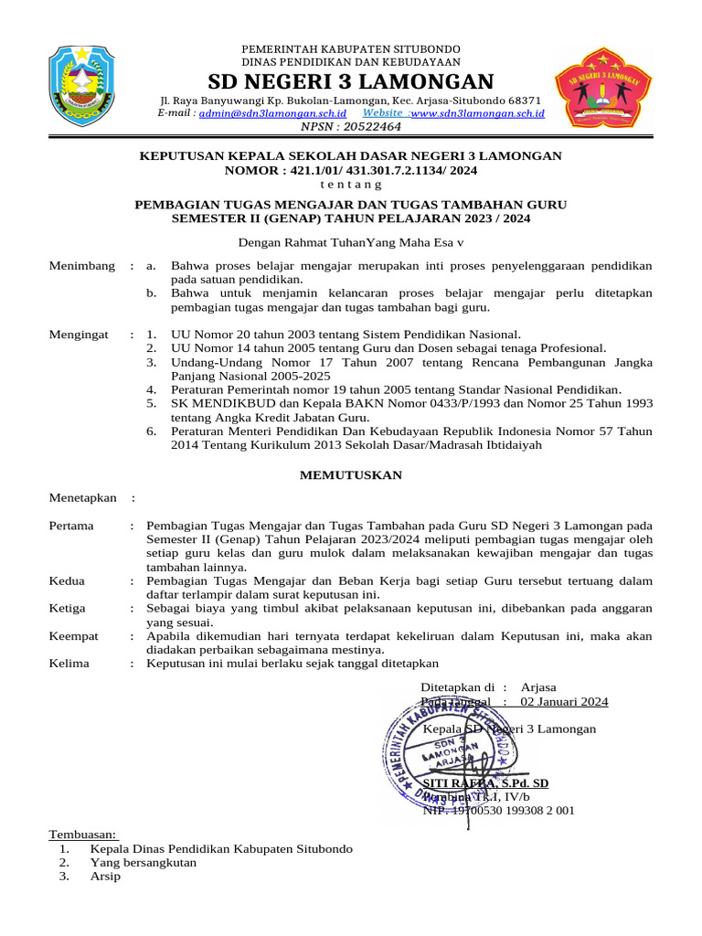 PEMB. TUGAS MENGAJR 2023-2024 SDN 3 LAMONGAN GENAP | PDF