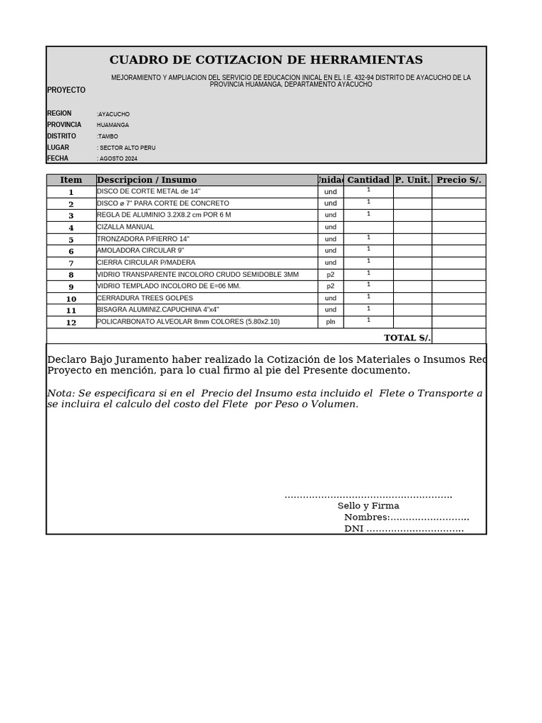 COTIZAR MATERIALES HERRAMIENTAS | PDF