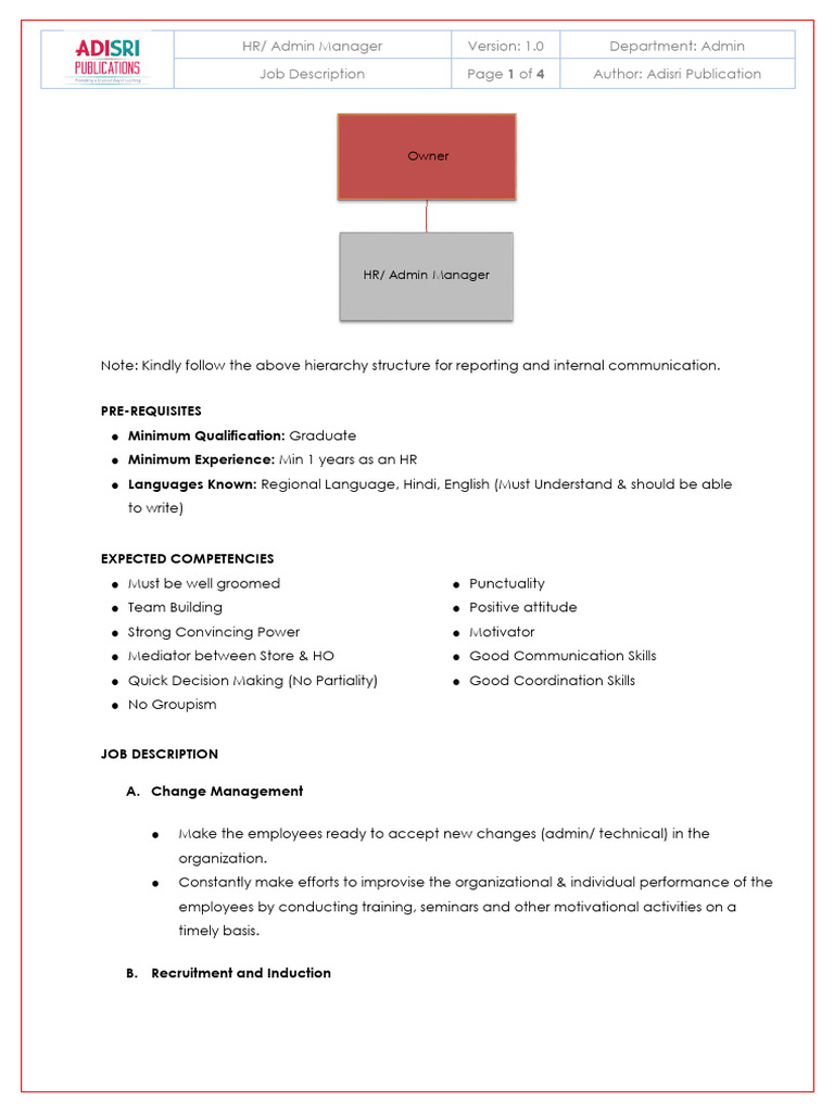HR/Admin Manager Job Description | PDF | Performance Appraisal | Salary