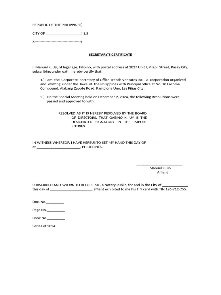 Secretary's Certificate | PDF
