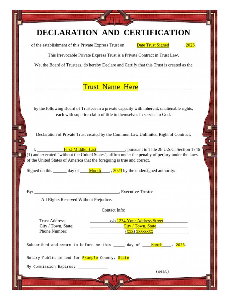 Declaration and Certification: Trust Name Here | PDF