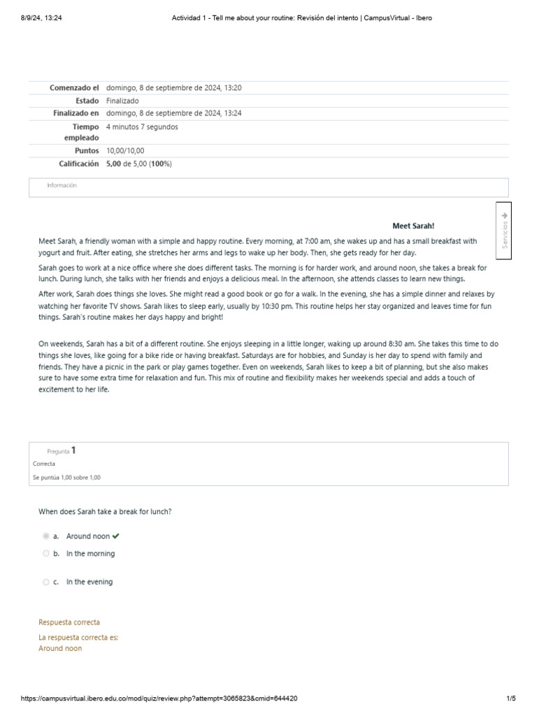 Sarah's Daily Routine Overview | PDF | Lunch | Cuisine