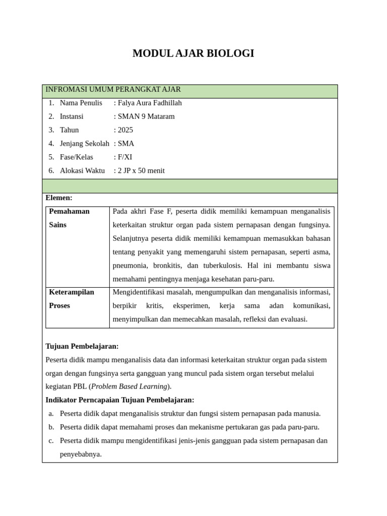Modul Ajar Biologi: Sistem Pernapasan | PDF