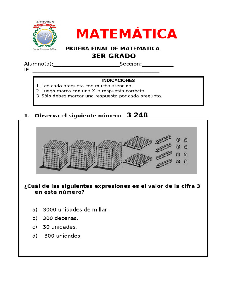 Evaluacion Matematica - Salida 3er Grado - 2024 | PDF | Billete de banco