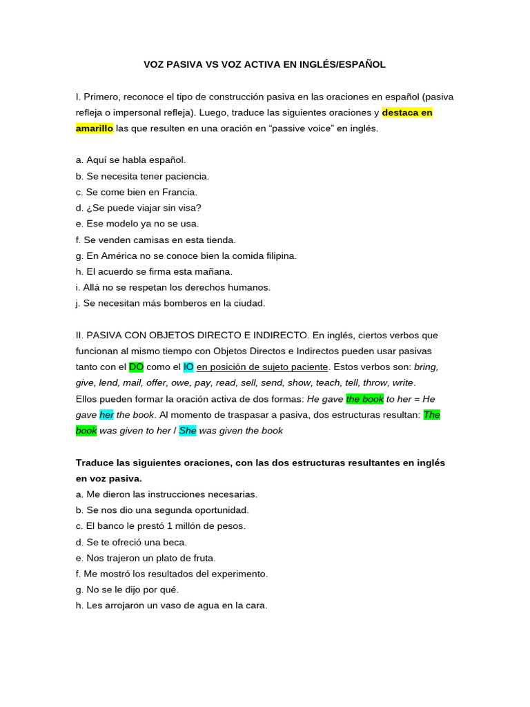 La Voz Pasiva Ejercicios 1 | PDF