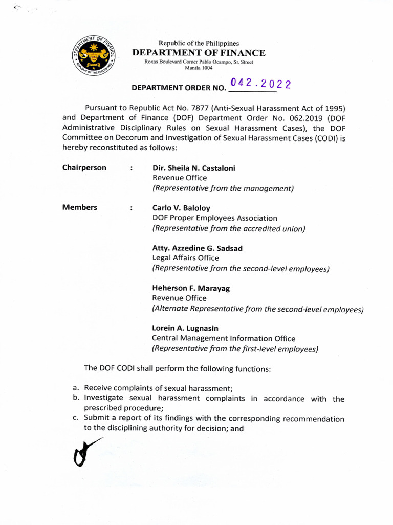 Department Order No. 042.2022 Reconstitution of the DOF Committee on Decorum and Investigation ...