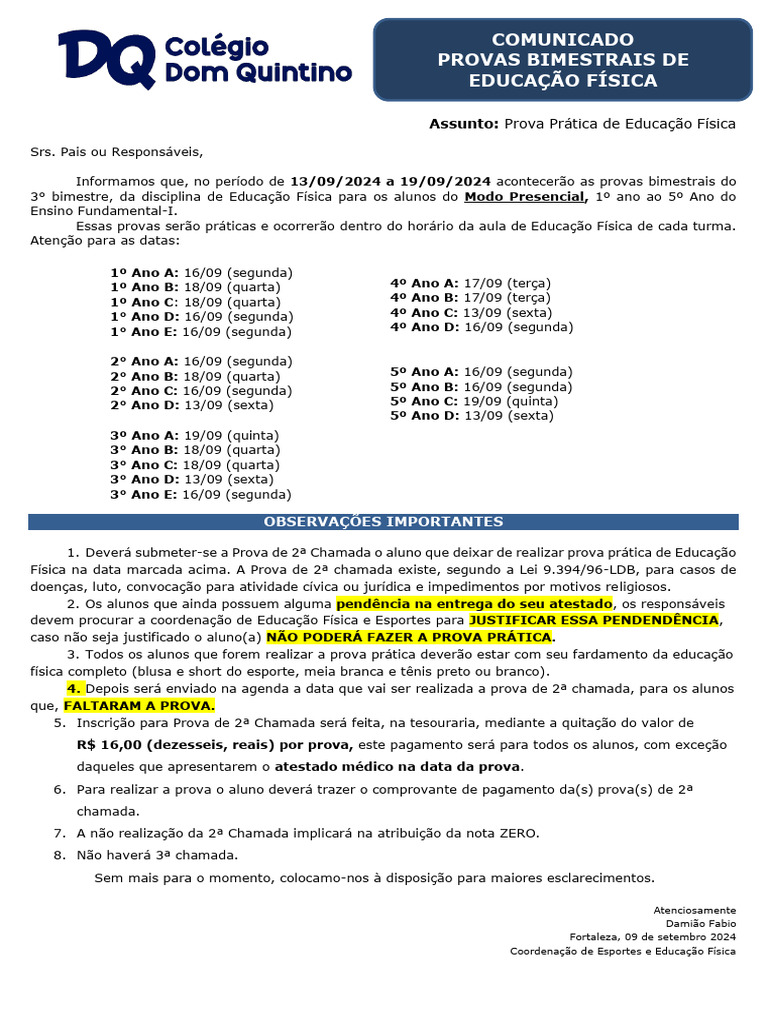 Comunicado Prova Ed - Física 3° Bimestre 2024 | PDF