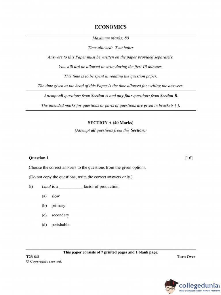ICSE Class 10 Economics Question Paper 2023 ...