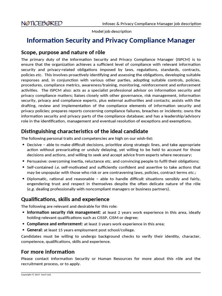 Information Security Compliance Manager Role | PDF | Information Security | Regulatory Compliance