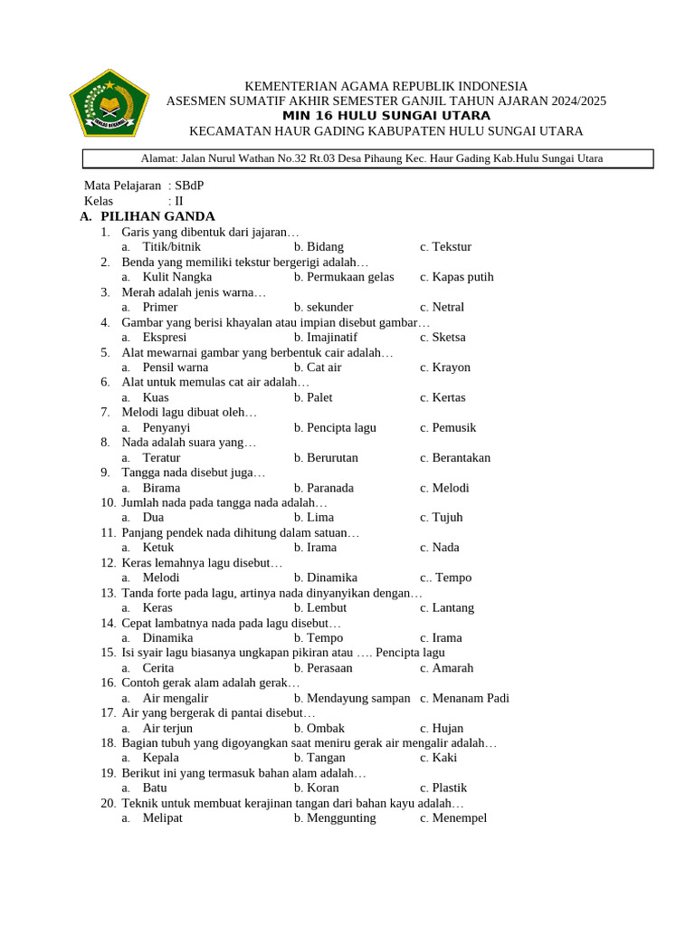 Soal SBdP Kelas 2 Ganjil 2024 | PDF