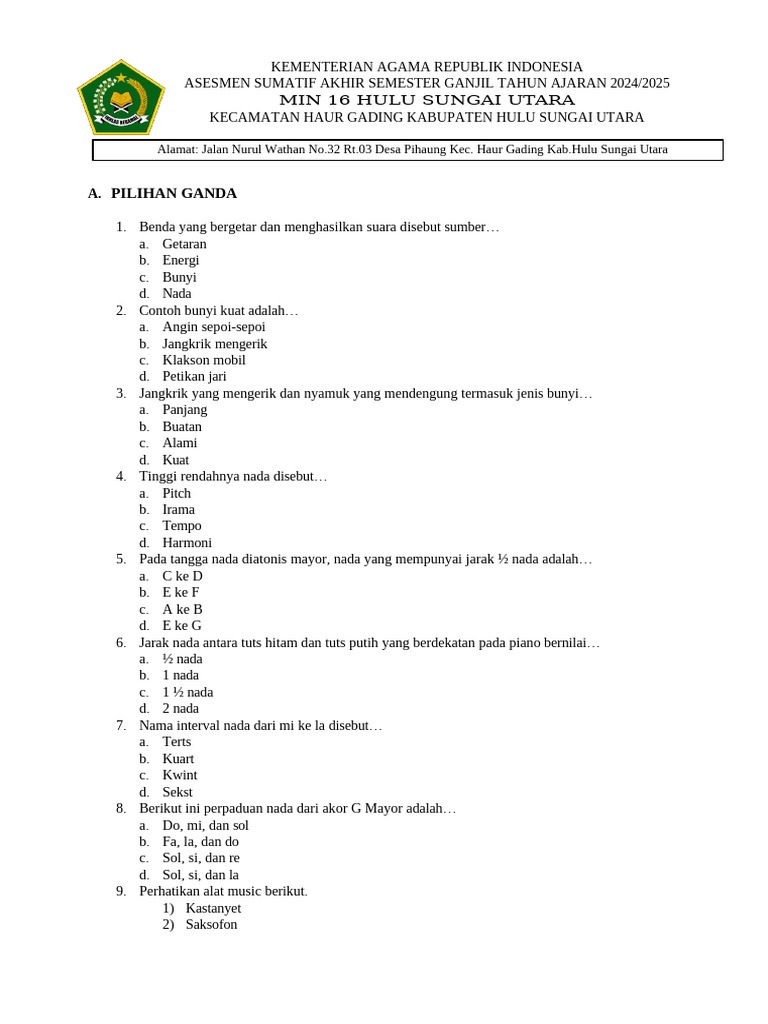 Soal SBDP Kelas 4 Ganjil 2024 | PDF