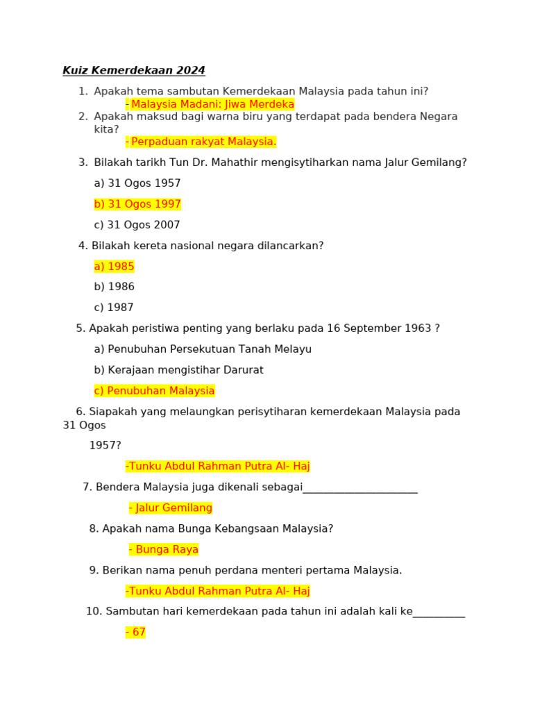 Kuiz Kemerdekaan 2024 | PDF