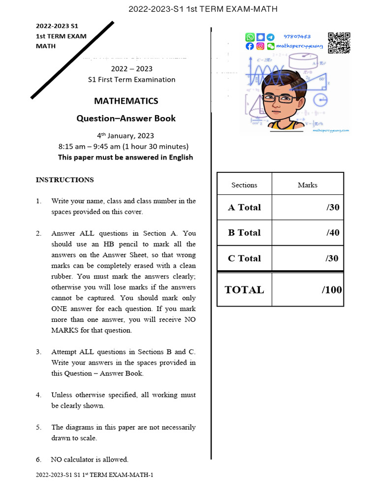 S1 1st Term Maths Exam Paper 2022-2023 | PDF | Area | Mathematics