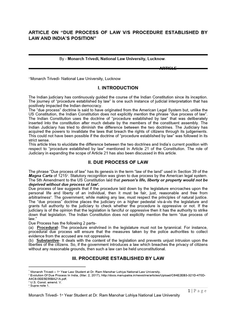 Due Process of Law Vs Procedure Established by Law and Indias Position 240918 210650 | PDF | Due ...