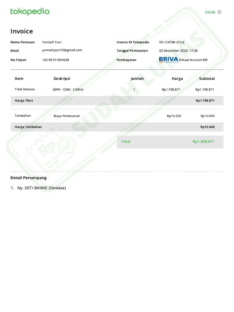 Invoice Tiket Citilink Deti Banne BPP Jakarta | PDF